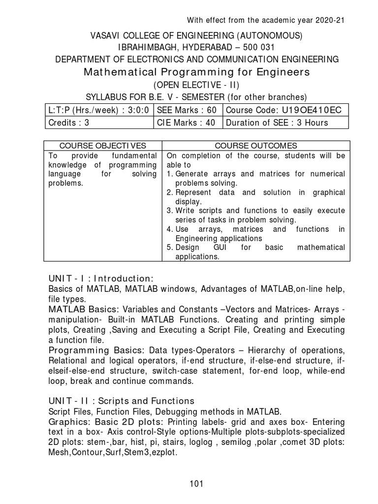 Mathematical Programming For Engineers: Course Objectives Course Outcomes | PDF | Matlab ...