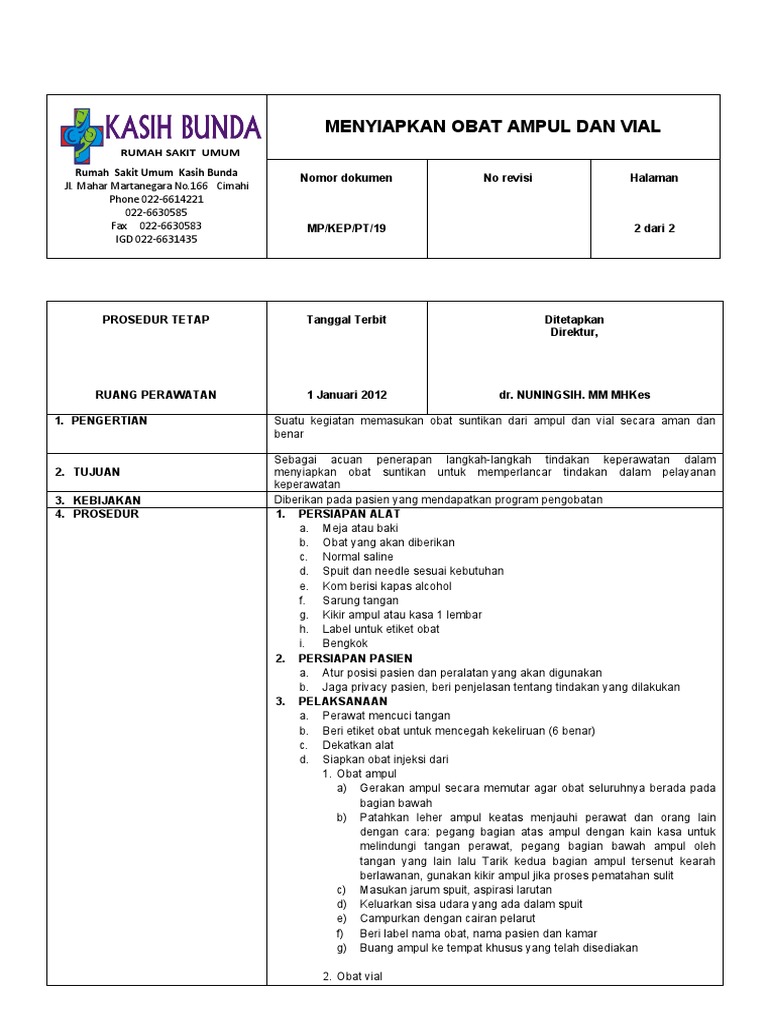 SOP Menyiapkan Obat Injeksi Dari Ampul Dan Vial | PDF