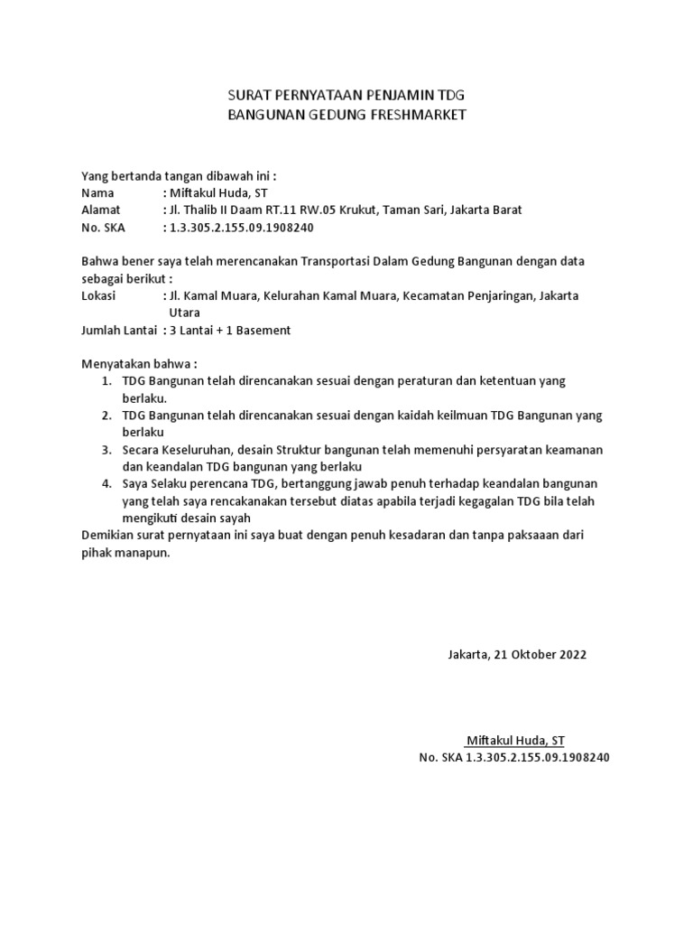 Surat Pernyataan Penjamin TDG | PDF