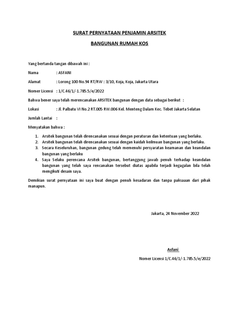 Surat Pernyataan Penjamin Arsitek | PDF