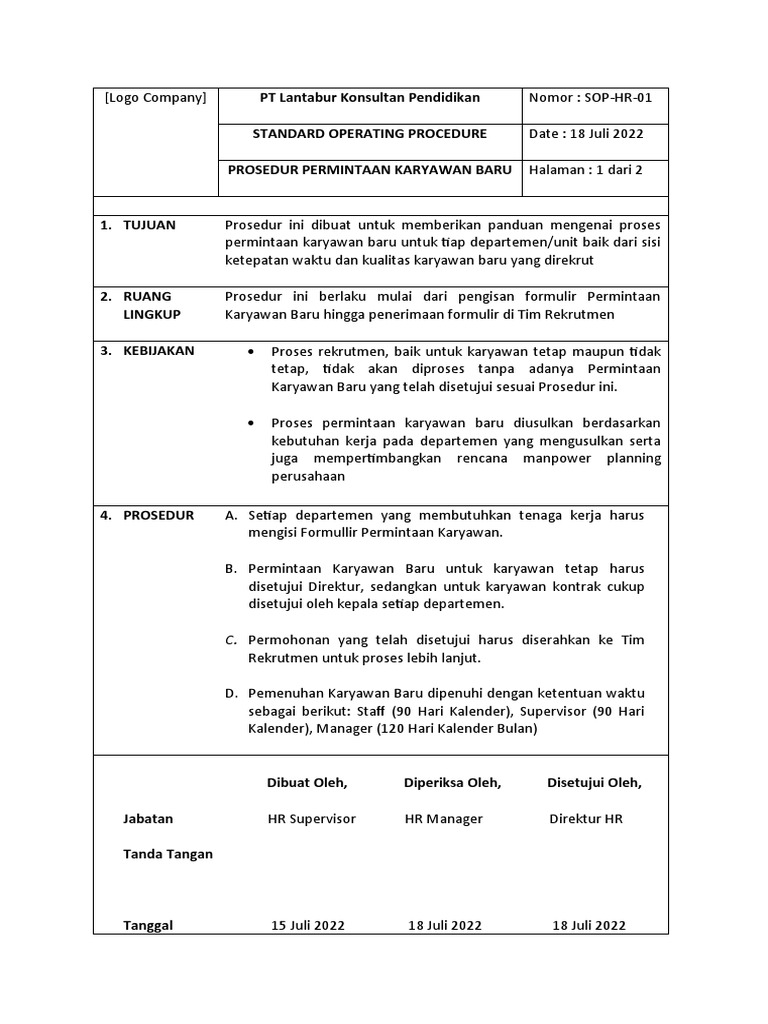 SOP Permintaan Karyawan Baru | PDF