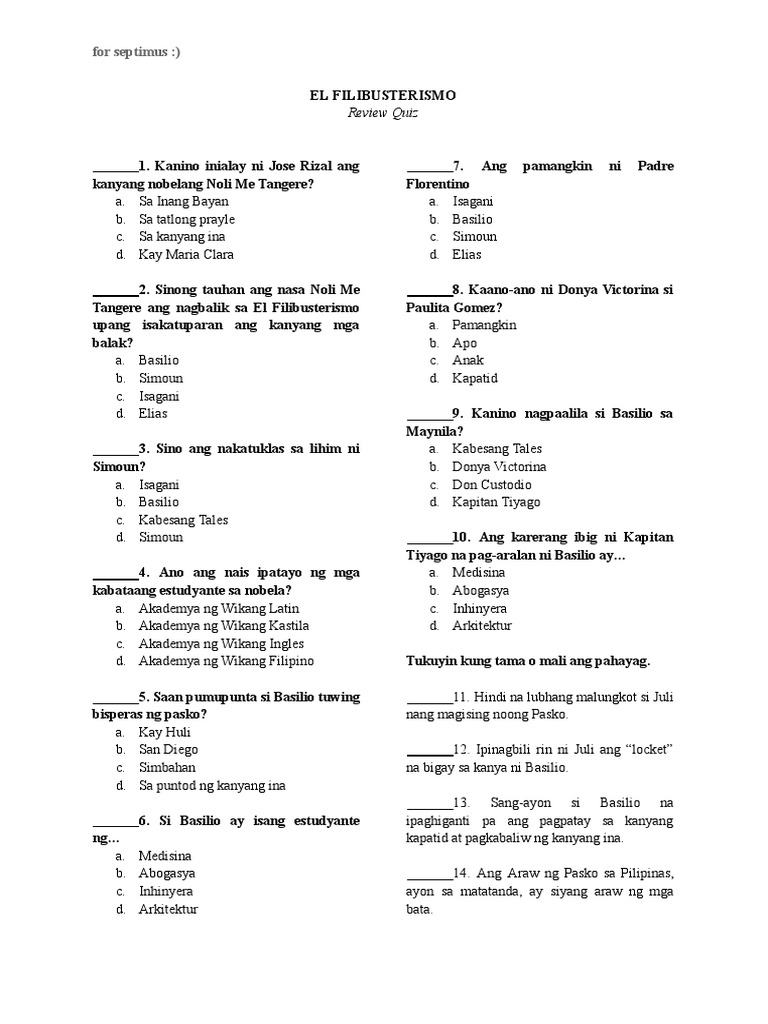 EL FILIBUSTERISMO Quiz For Septimus | PDF