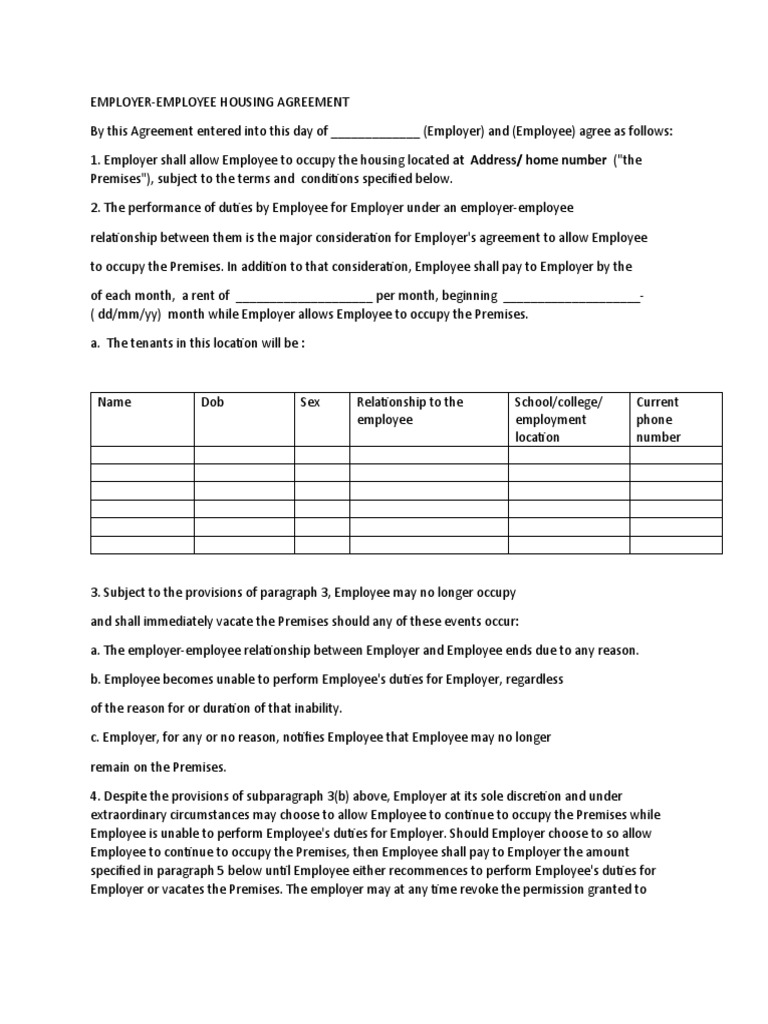Employee Housing Agreement Template | PDF | Employment | Lease
