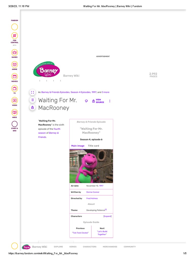 Waiting For Mr. MacRooney - Barney Wiki - Fandom | PDF | Fandom