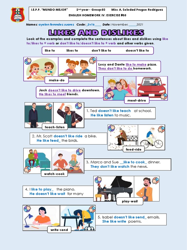 Like To/likes To + Verb Don't Like To/doesn't Like To + Verb | PDF