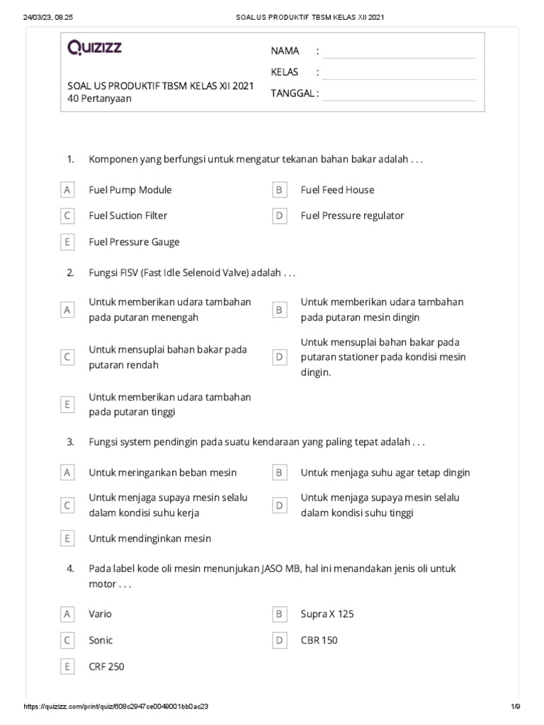 Soal Us Produktif TBSM Kelas Xii 2021 | PDF