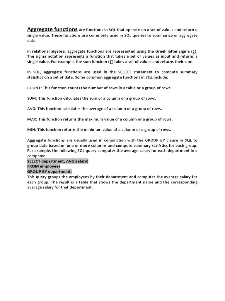 Aggregate Function Notes Pdf Relational Model Information 3347