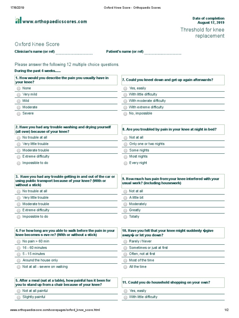 Oxford Knee Score Assessment Guide | PDF