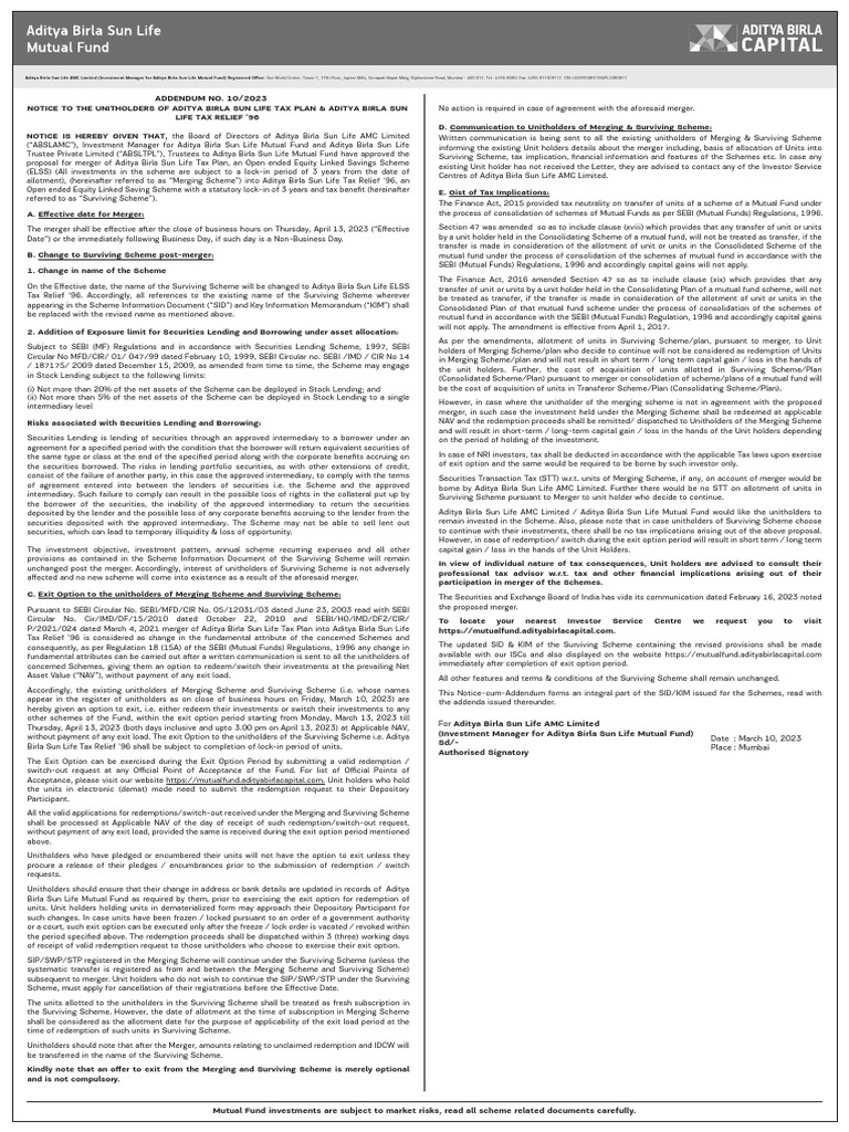 Notice For Merger of Schemes | PDF | Securities (Finance) | Investment Fund Notice For Merger of Schemes | PDF | Securities (Finance) | Investment Fund