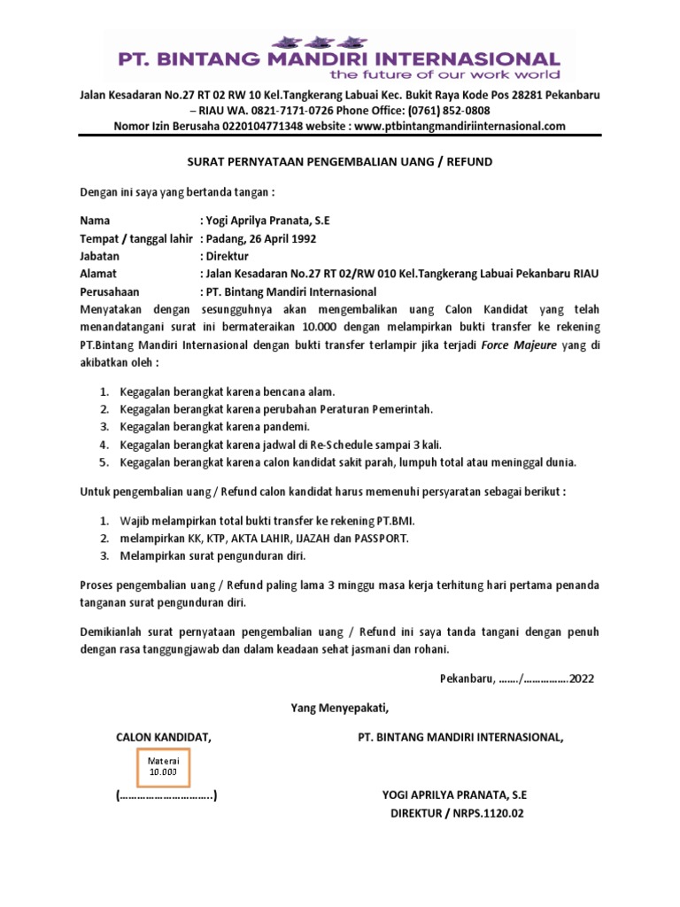 Surat Pernyataan Pengembalian Uang / Refund | PDF | Pengelolaan ...