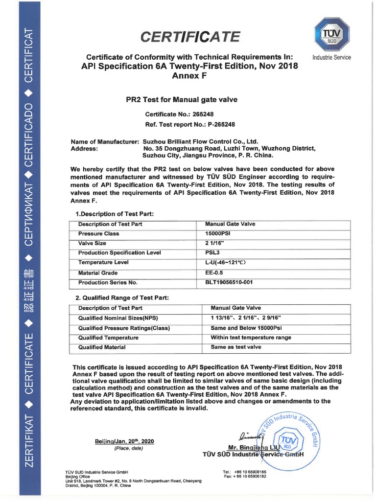 Certificate PR2 Gate Valve | PDF