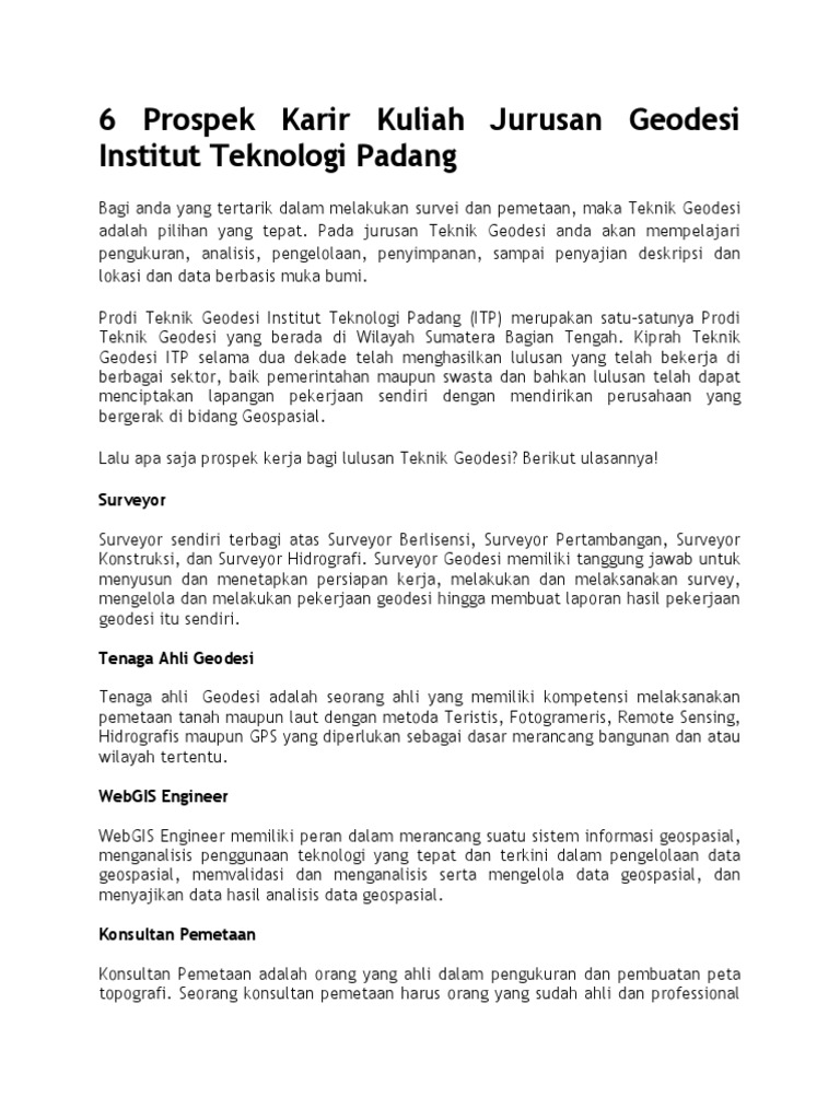 6 Prospek Karier Kuliah Jurusan Geodesi Institut Teknologi Padang | PDF