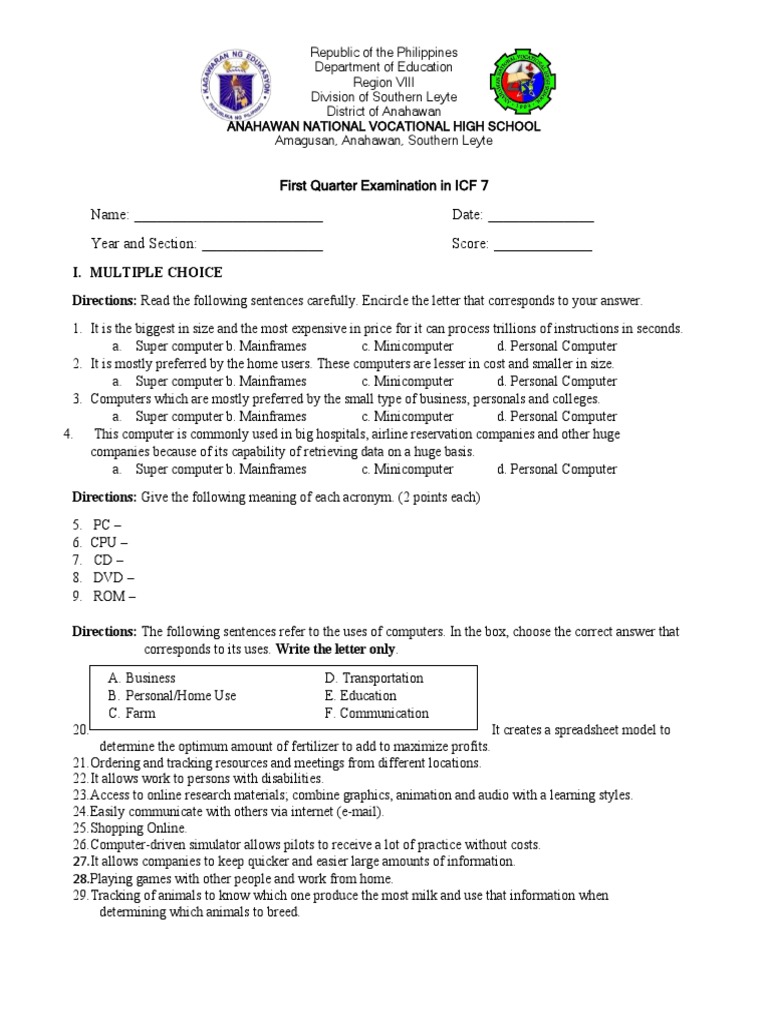 1st Quarter Examination in ICF - Final | PDF | Personal Computers | Mainframe Computer