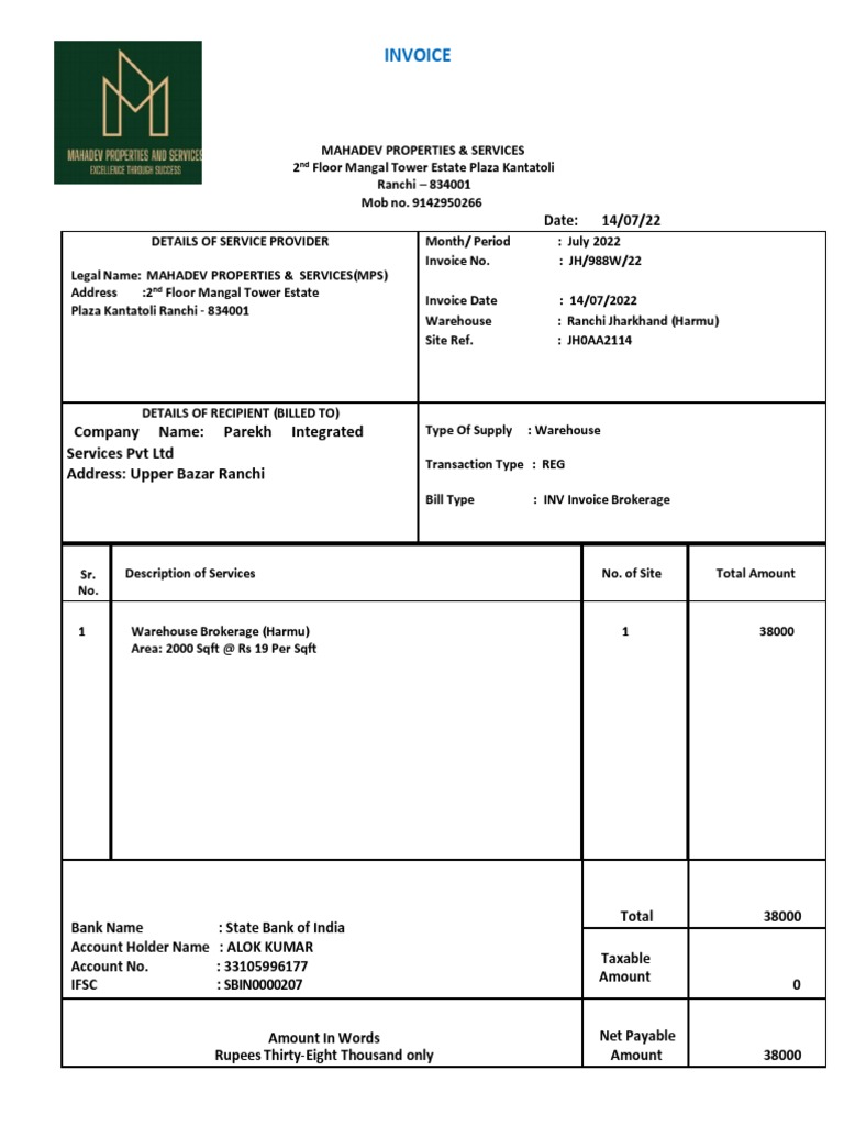 Warehouse Invoice July 22 | PDF