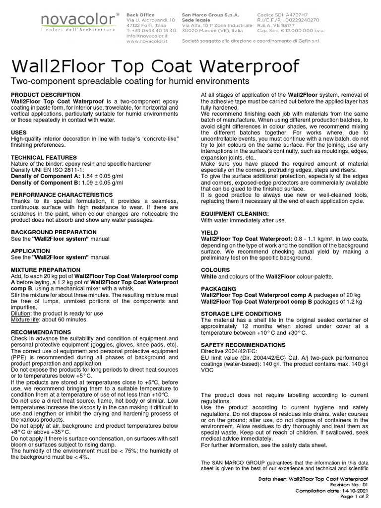 Wall2Floor Top Coat Waterproof Rev 01 14-10-2021 - EN | PDF | Personal ...