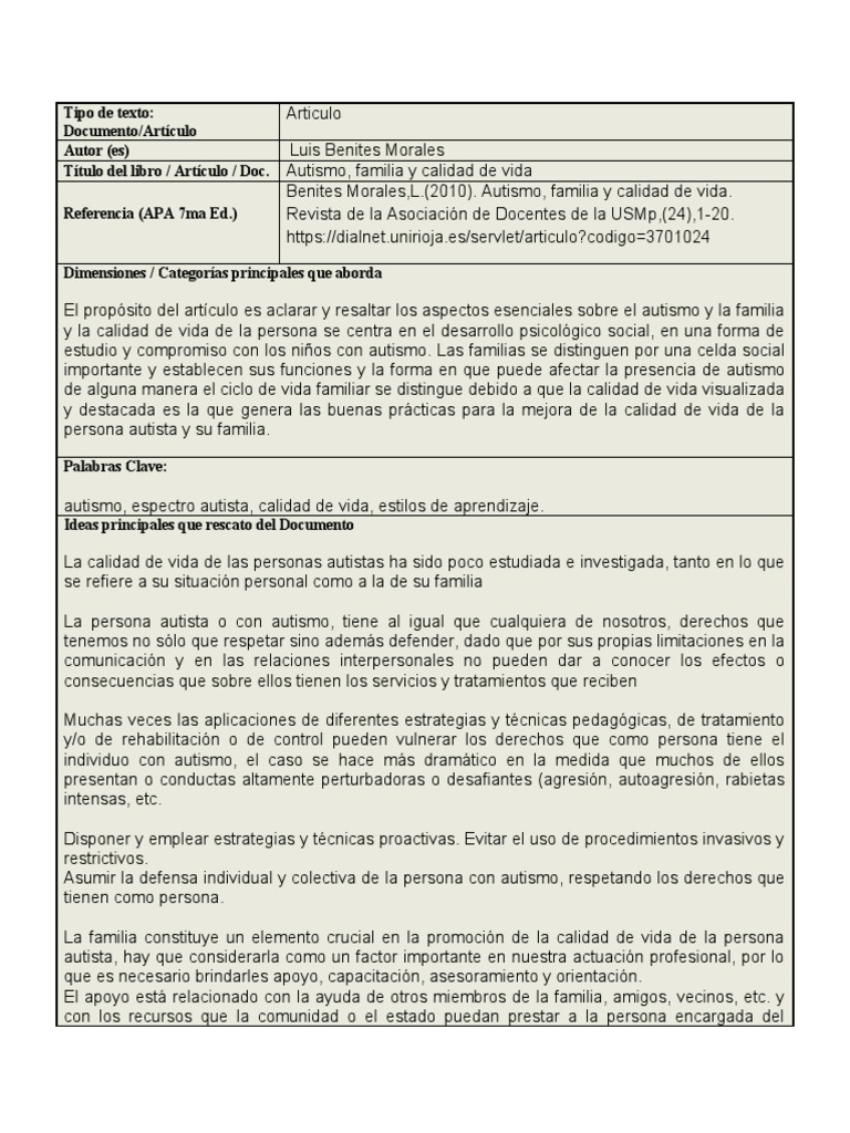 Autismo Ficha | PDF | Espectro autista | Modificación de comportamiento