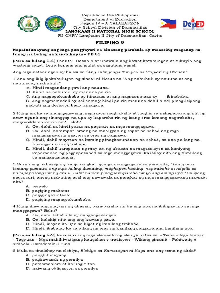 3rd Periodical Exam FIL 9 | PDF