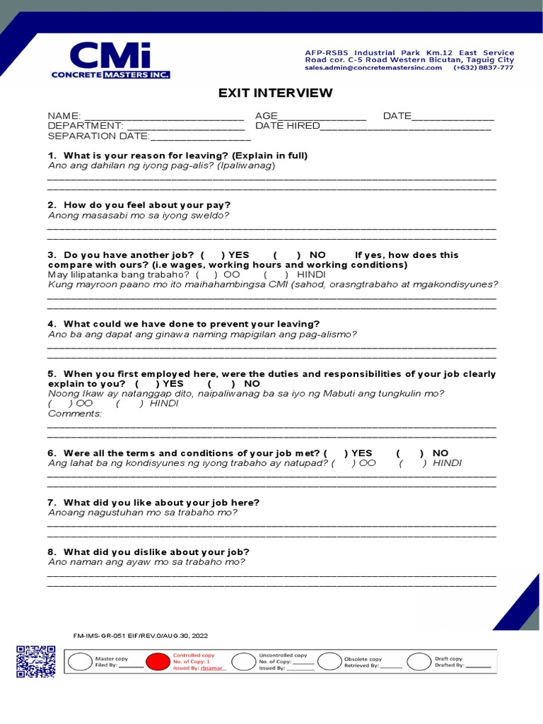 FM-IMS-GR-051 - Exit Interview - CONTROLLED | PDF | Labor | Labor Relations