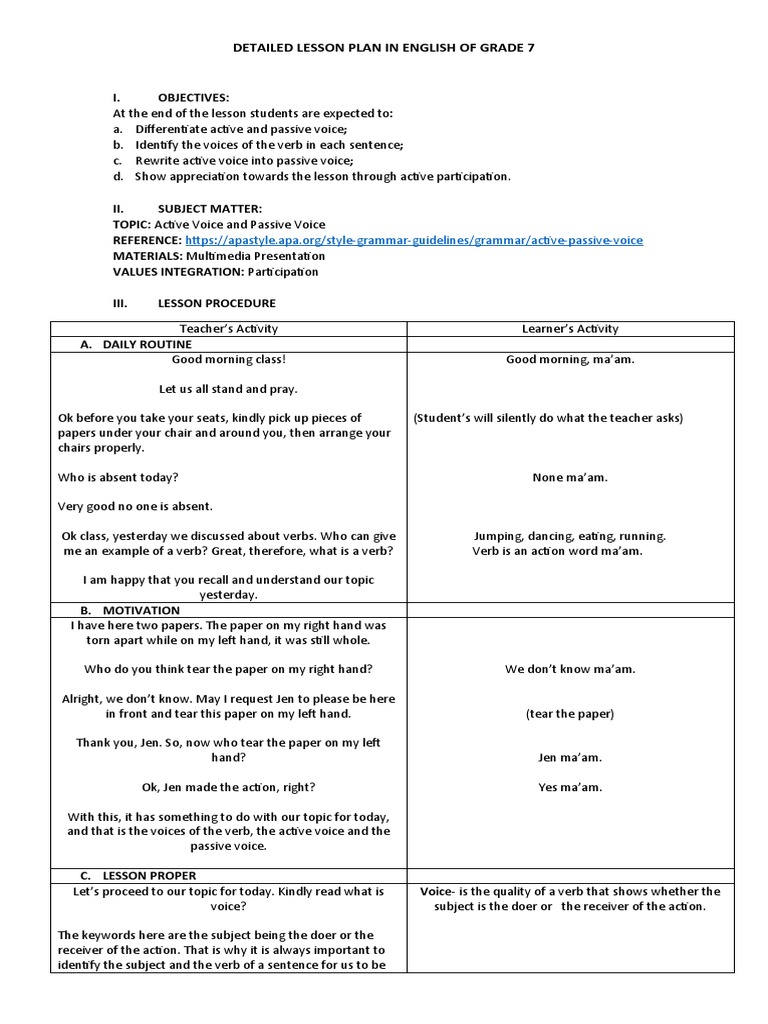 Active and Passive Voice Lesson Plan | PDF | Subject (Grammar) | Verb