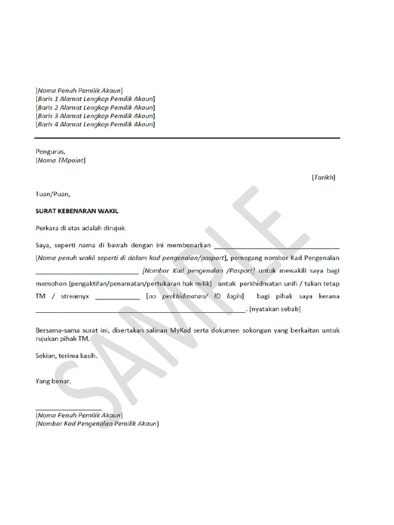 UNIFI Authorisation - Letter - Sample | PDF