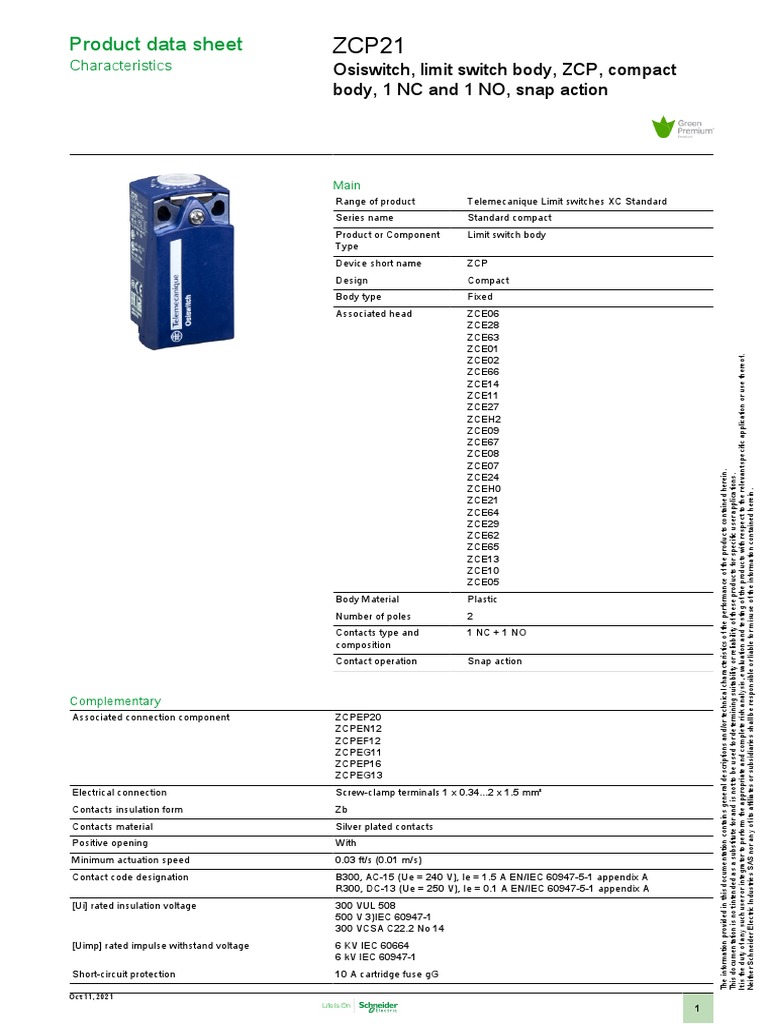 Product Data Sheet: Osiswitch, Limit Switch Body, ZCP, Compact Body, 1 NC and 1 NO, Snap Action ...