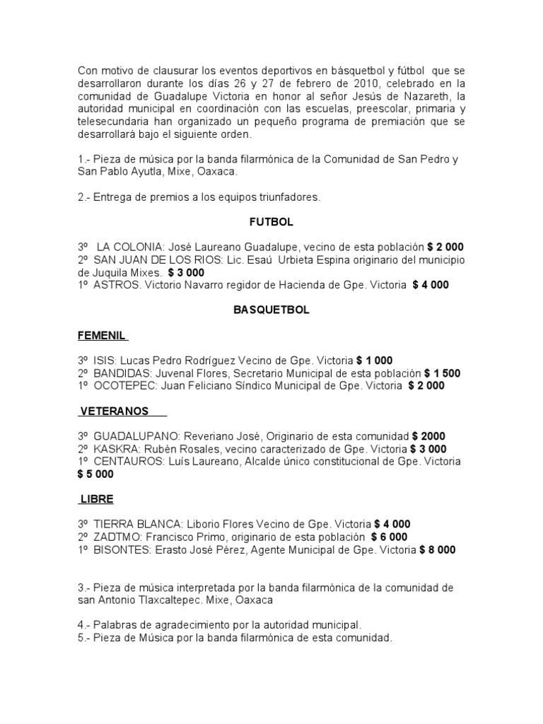 Programa de Clausura de Juegos Deportivos | PDF