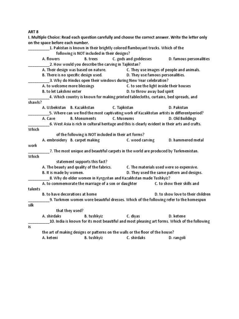 ART 8 Quarter 3 First Summative Test | PDF | Carpet | Decorative Arts