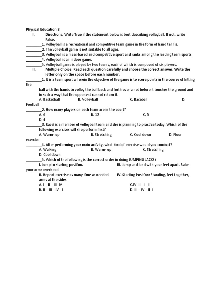 Physical Education 8 Quarter 3 First Summative Test | PDF