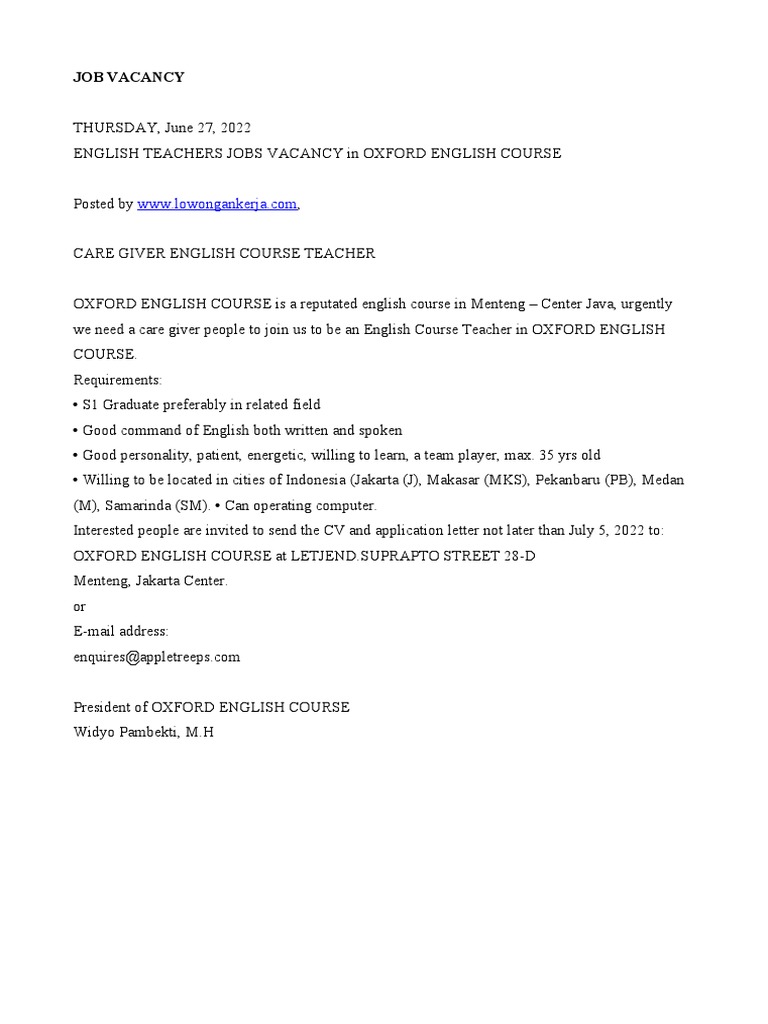 Job Vacancy and Application Letter | PDF | Jakarta | Communication