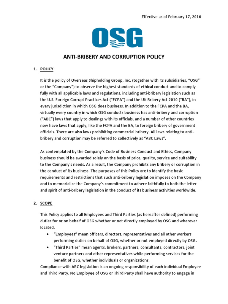 OSG Anti-Bribery and Corruption Policy | PDF | Bribery | Corruption