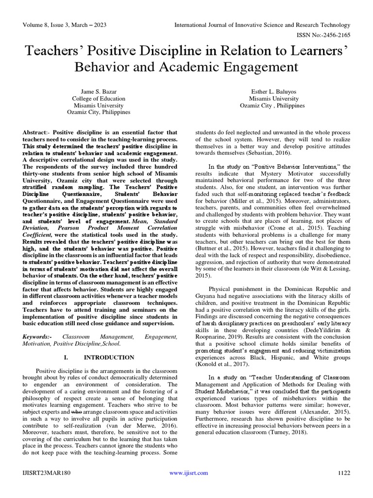 Teachers' Positive Discipline in Relation To Learners' Behavior and ...