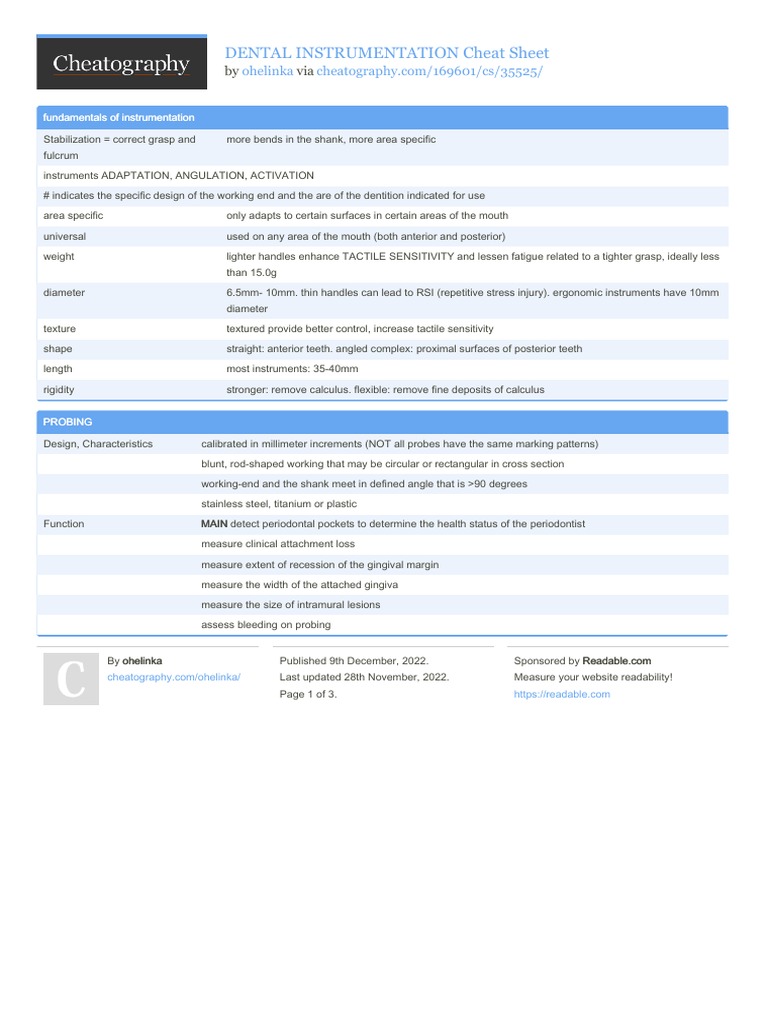 Dental Instrumentation Cheat Sheet: by Via | PDF | Dentistry ...