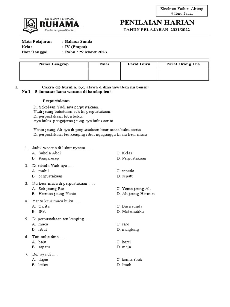 Penilaian Harian Bahasa Sunda Kelas IV | PDF