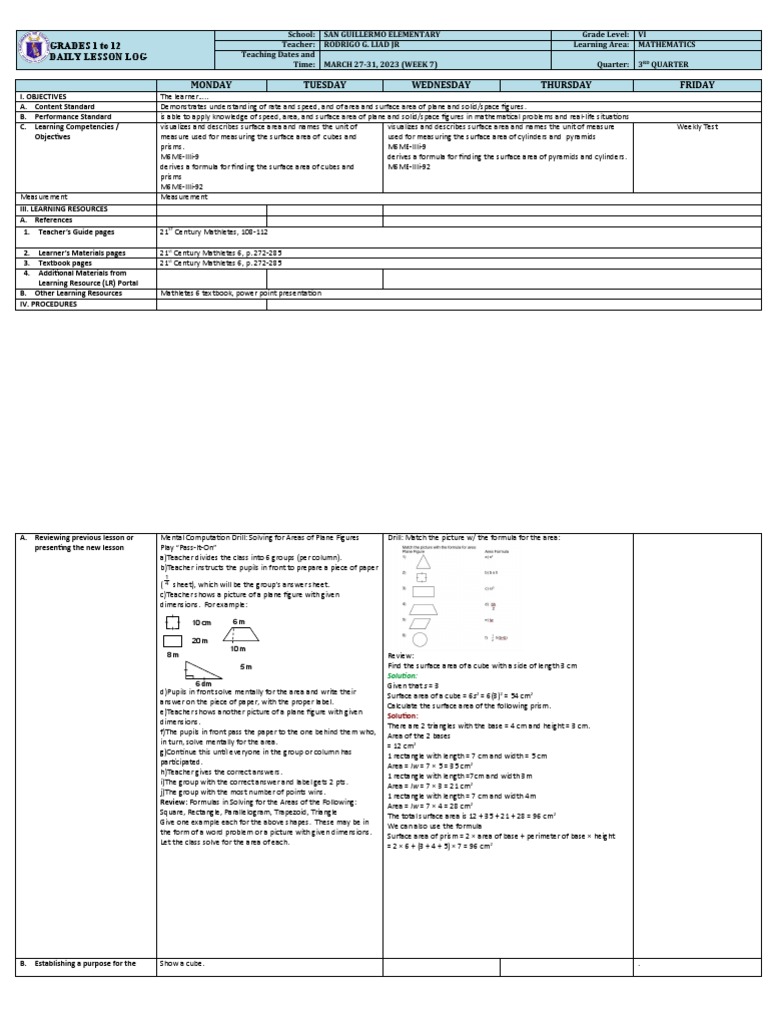 DLL MATHEMATICS 6-w7 Q3 | PDF | Area | Length