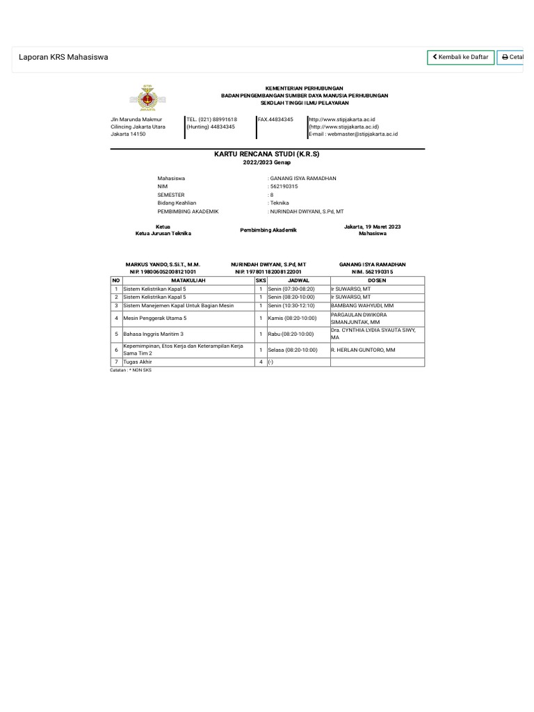 Laporan KRS Mahasiswa STIP Jakarta | PDF