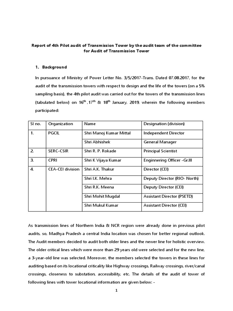Report on the 4th Pilot Audit of Transmission Towers Evaluating Structural Integrity Through ...