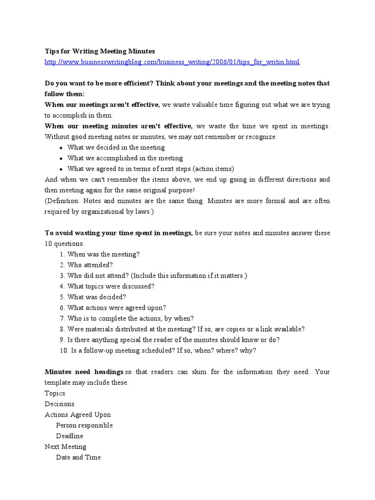 Tips For Writing Meeting Minutes | PDF