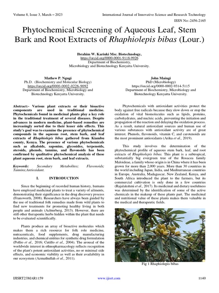 Phytochemical Screening of Aqueous Leaf, Stem Bark and Root Extracts of Rhaphiolepis Bibas (Lour ...