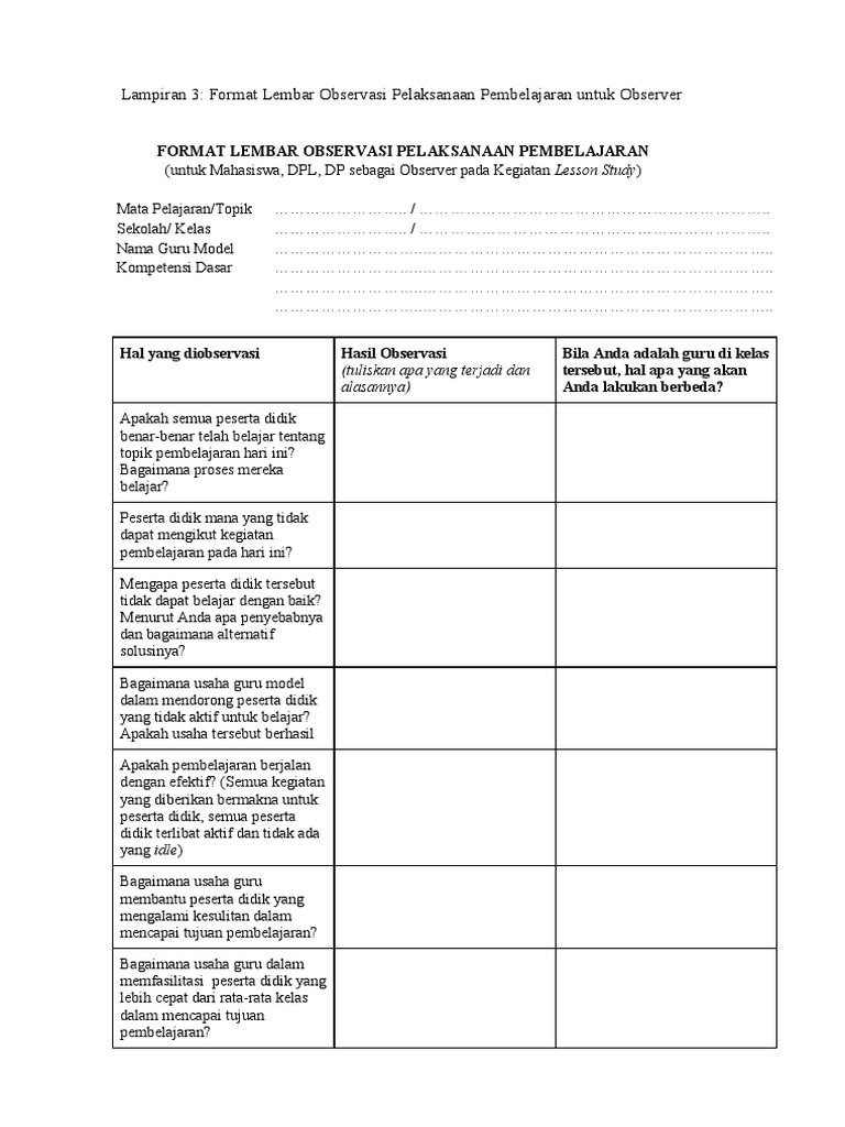 Lampiran 3 - Format Lembar Observasi Pelaksanaan Pembelajaran Untuk Observer | PDF