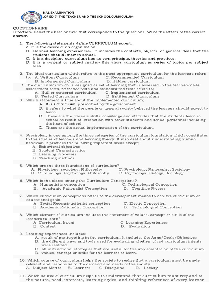 Final Examination Profed 7 | Download Free PDF | Curriculum | Learning