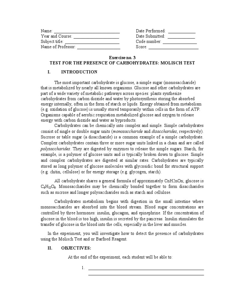 Detection of Carbohydrates Using Molisch Test: A Laboratory Experiment ...