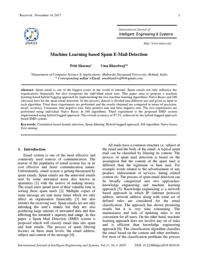 Machine Learning Based Spam E-Mail Detection | PDF | Statistical Classification | Machine Learning