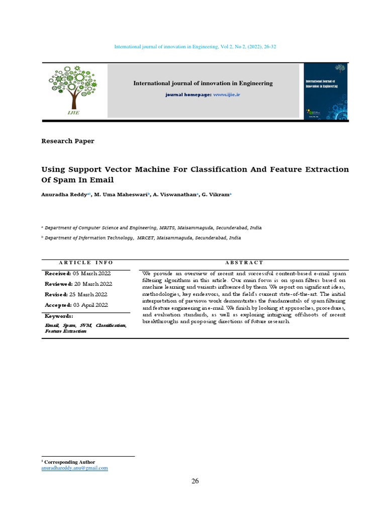 Using Support Vector Machine For Classification And Feature Extraction Of Spam In Email Pdf