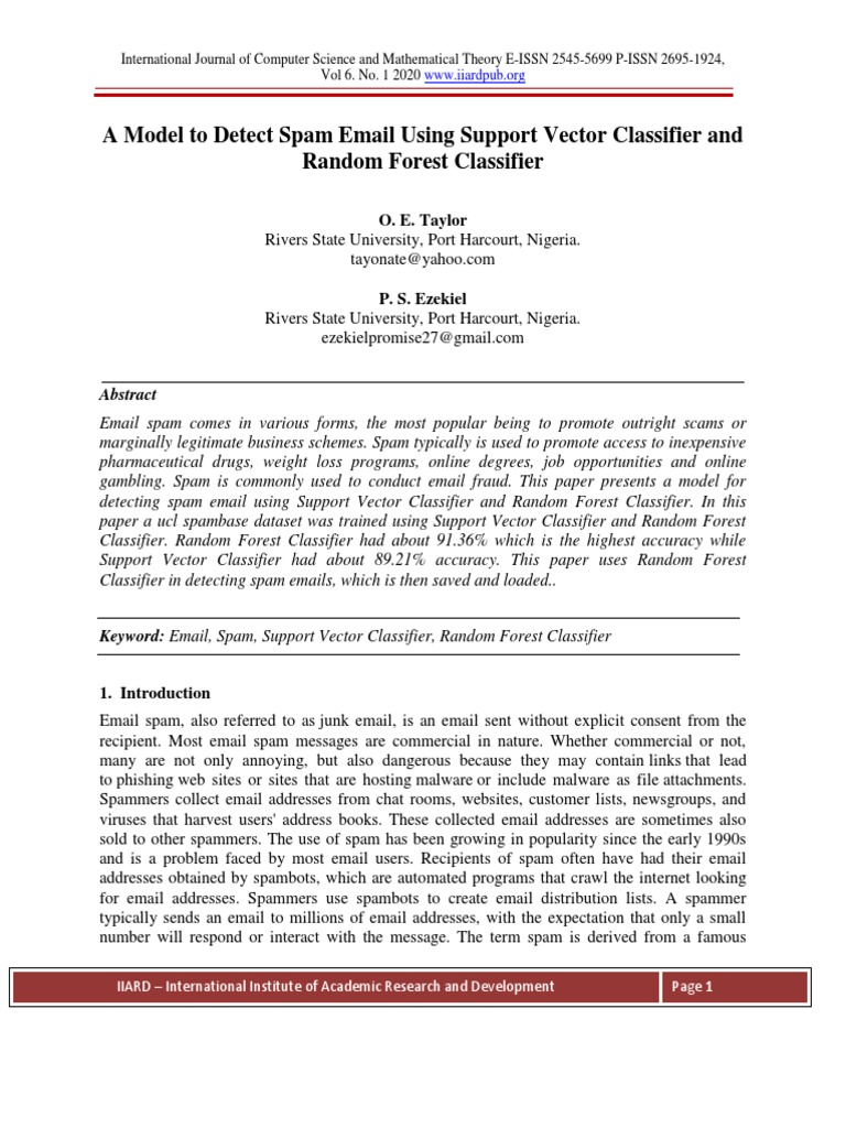 Detecting Spam Email Using Support Vector And Random Forest Classifiers Pdf Machine Learning