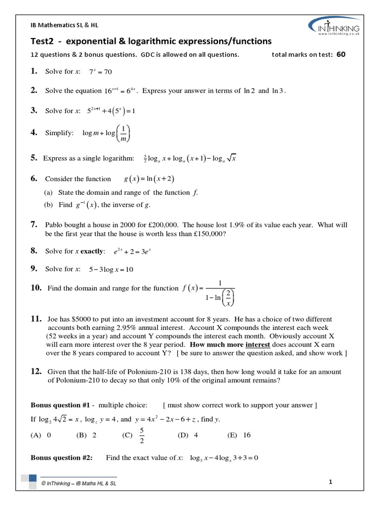 Test2 SLHL Exp Log Functns v1 | PDF | Logarithm | Function (Mathematics)