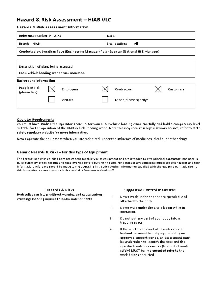 Hazard & Risk Assessment - HIAB VLC | PDF | Crane (Machine) | Hazards