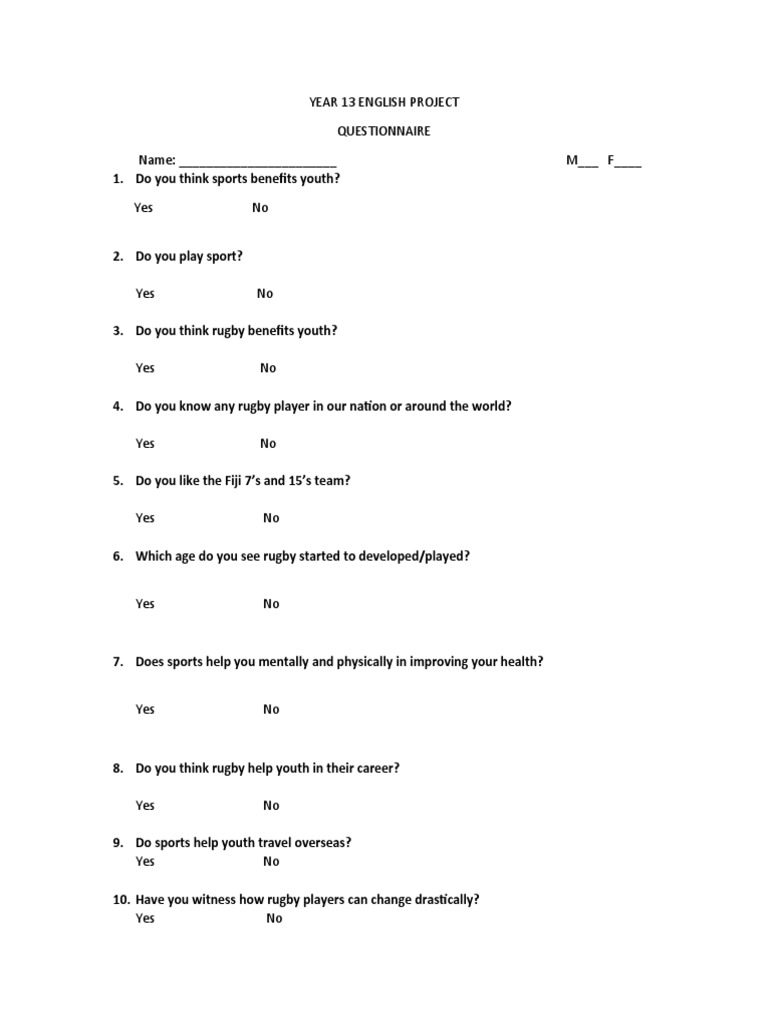 Youth Sports Benefits Questionnaire | PDF