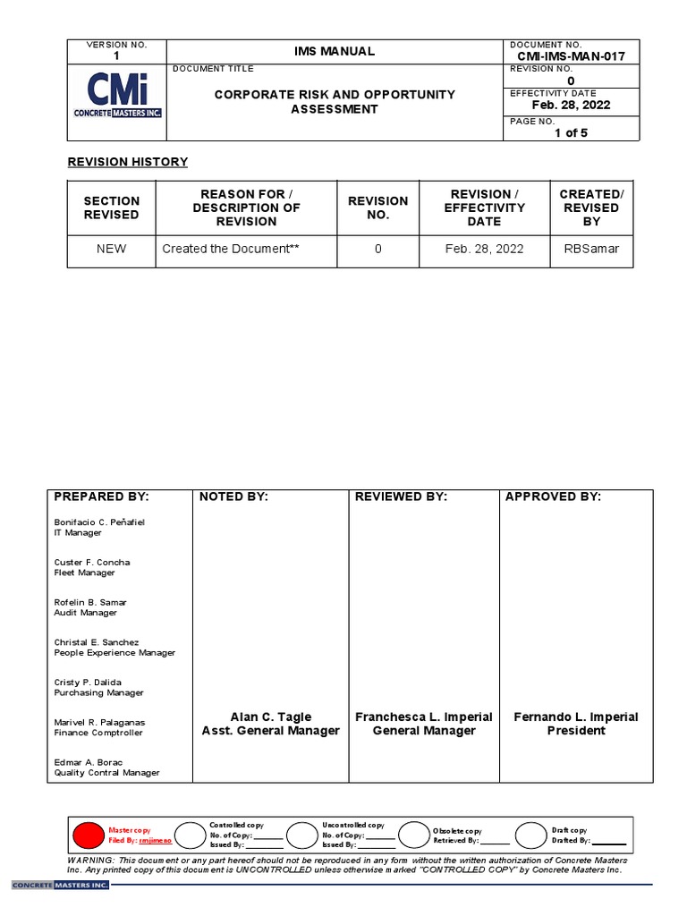 CMI-IMS-MAN-017 Corporate Risks and Opportunities Assessment | PDF ...
