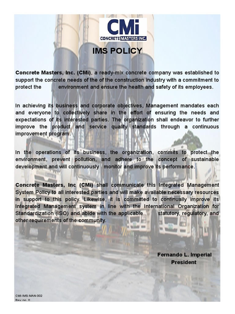 Ims Policy: Concrete Masters, Inc. (Cmi), A Ready-Mix Concrete Company ...
