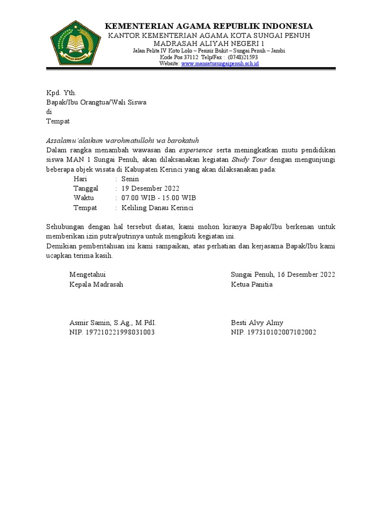 SURAT IZIN STUDY TOUR | PDF